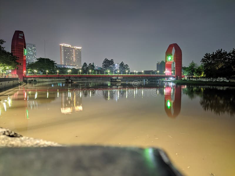 Red Bridge with Lights,under the River in Indonesia Editorial Stock ...
