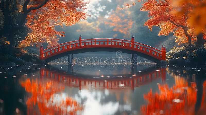Red Bridge Over Water with Autumn Trees Illustration Stock Illustration ...