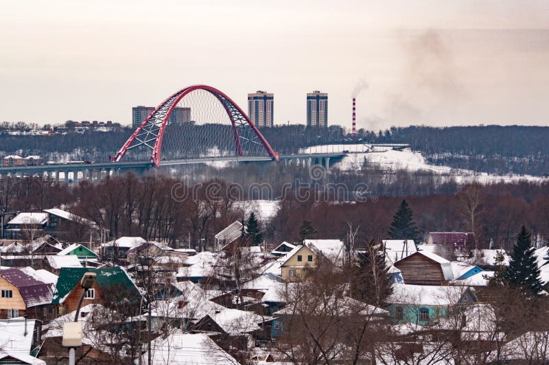 Red Bridge Over a Wide River in the City, Top View. Stock Photo - Image ...