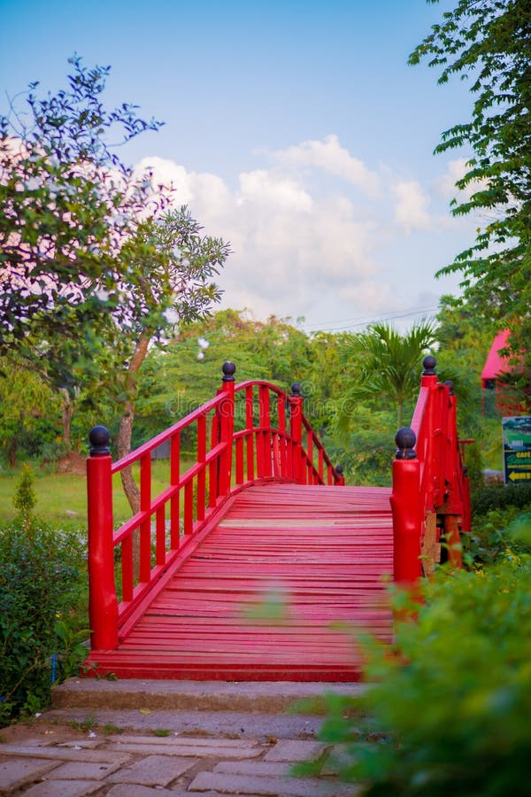 The Red Bridge is Surrounded by Beautiful Greenery Stock Photo - Image ...