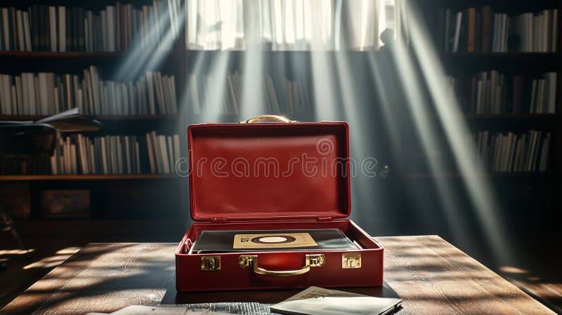 Red Briefcase Sits Open on a Wooden Table, Illuminated by Sunlight ...