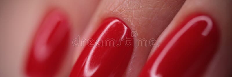 Red Bright Glossy Nails on Female Nails Closeup Stock Image - Image of ...
