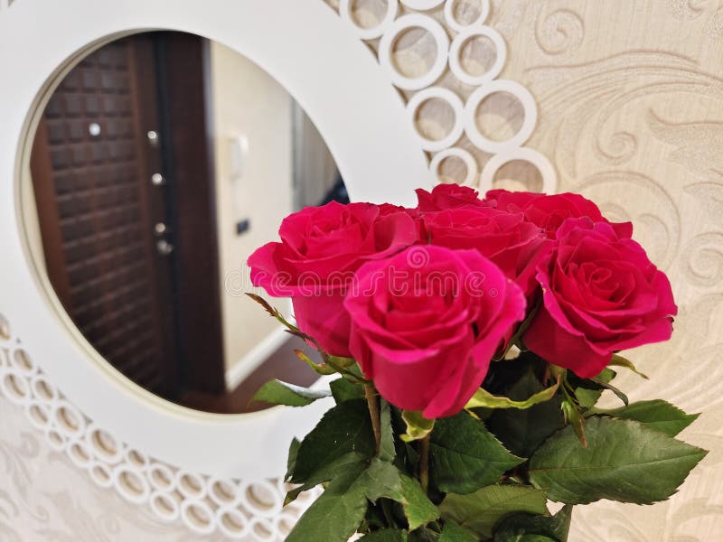 Red Bright Roses Stand in a White Vase for a Gift Stock Image - Image ...