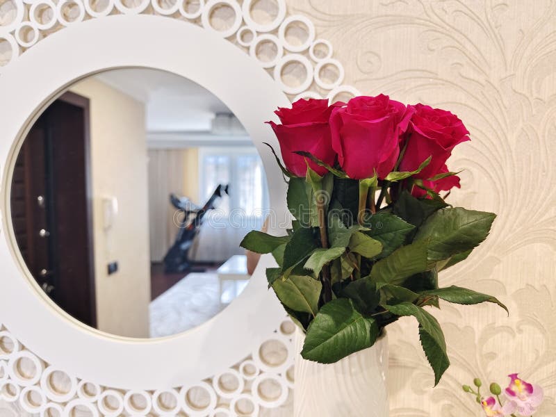 Red Bright Roses Stand in a White Vase for a Gift Stock Photo - Image ...