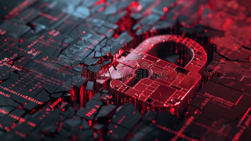 Red Broken Padlock Icon Over Binary Code Symbolizes Data Breach and ...