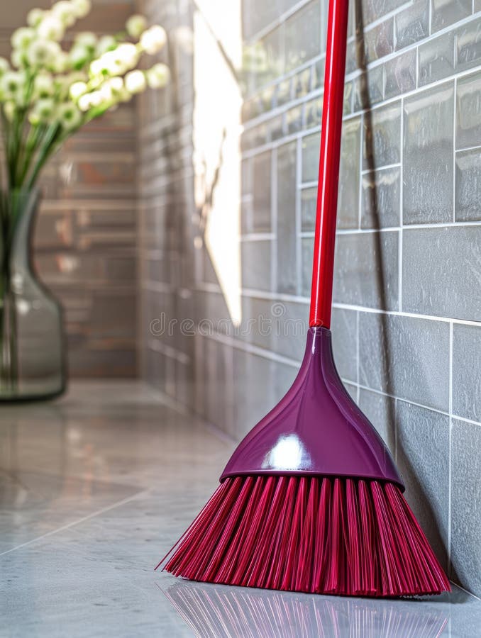 A Red Broom Leaning Against a Tiled Wall in a Clean Room. Stock Photo ...
