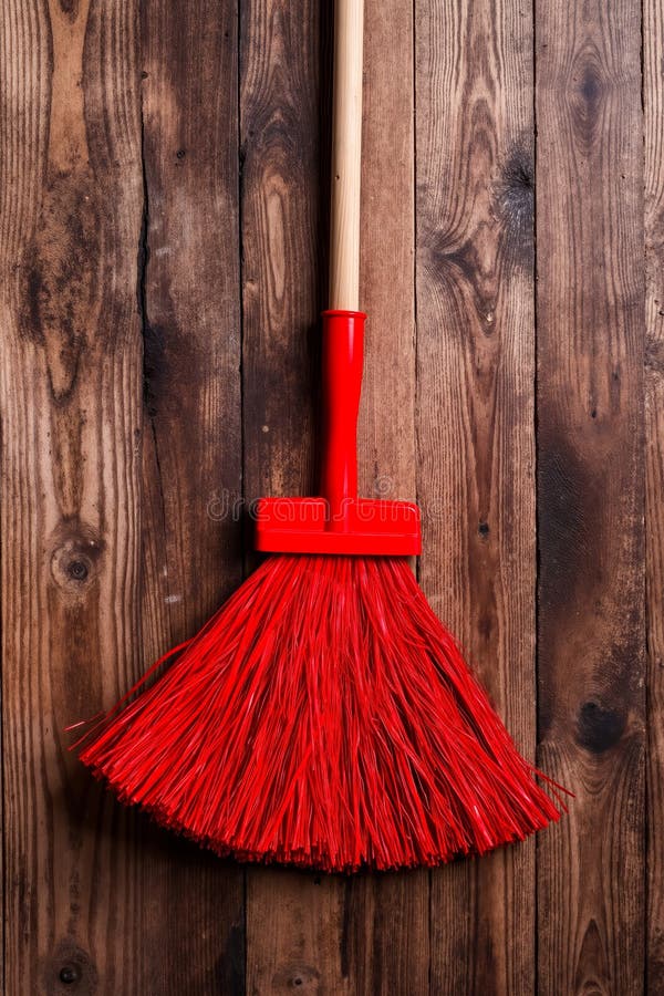 A Red Broom Leaning Against a Wooden Wall Stock Photo - Image of ...