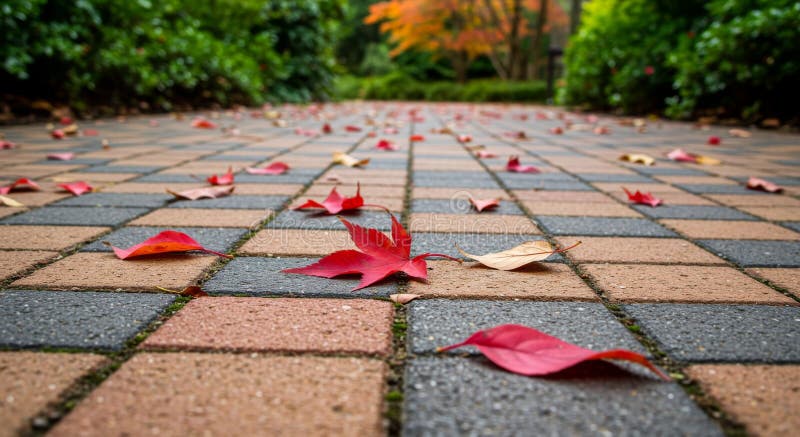 Red and Brown Autumn Leaves on Brick Pathway Stock Illustration ...
