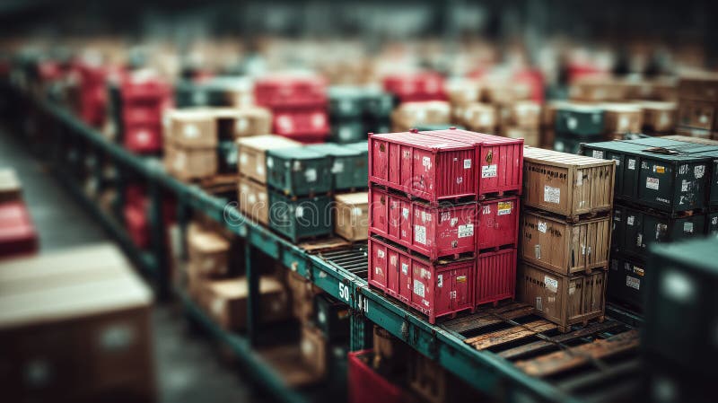 Red and Brown Cardboard Boxes Stacked on Metal Shelves Stock ...