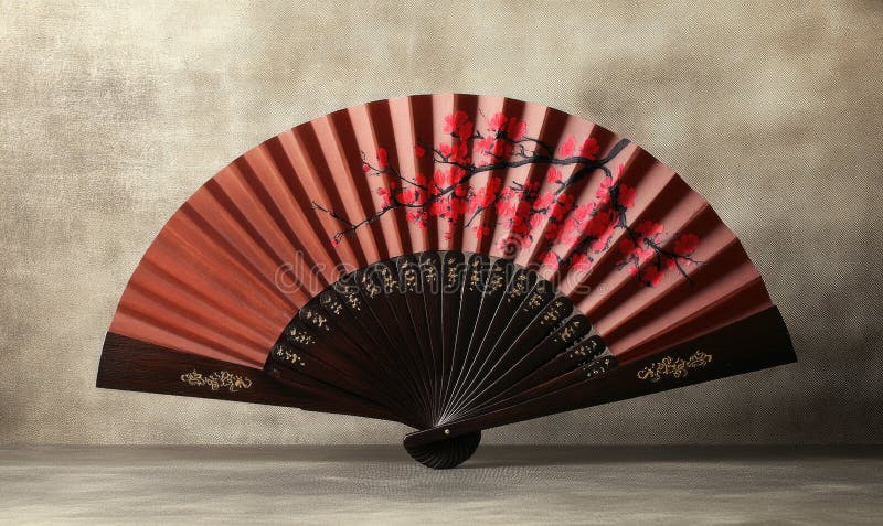 A Red and Brown Fan with a Tree Design on it Stock Photo - Image of ...