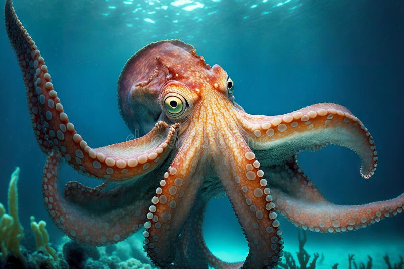 Red Brown Large Octopus Sea with Long Wriggling Tentacles Stock Photo ...