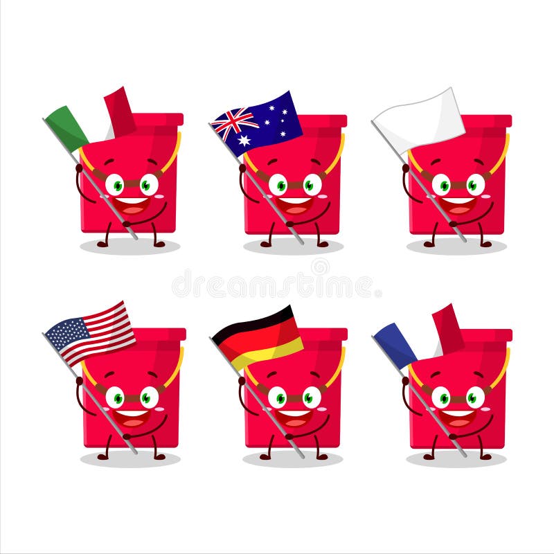 Red Bucket Cartoon Character Bring the Flags of Various Countries Stock ...
