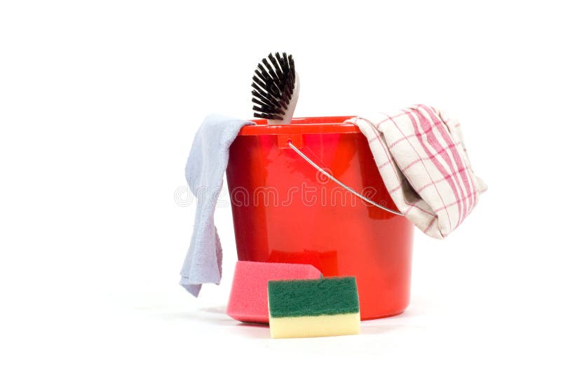 Red Bucket with Cleaning Tools Isolated Stock Image - Image of dishes ...