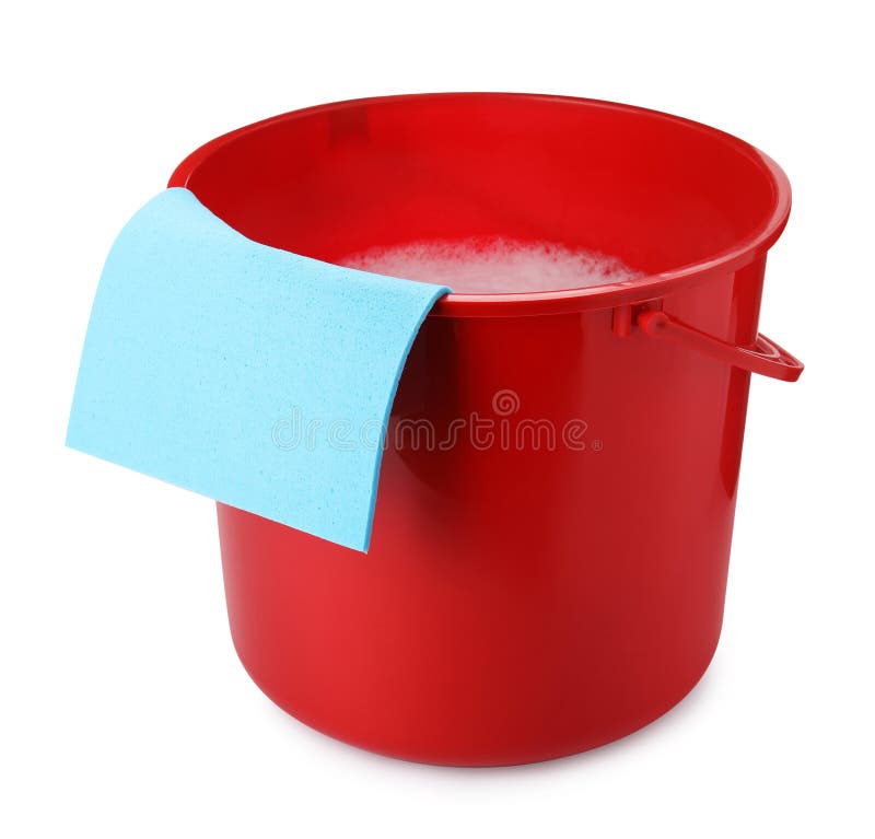 Red Bucket with Detergent and Rag Isolated Stock Image - Image of ...