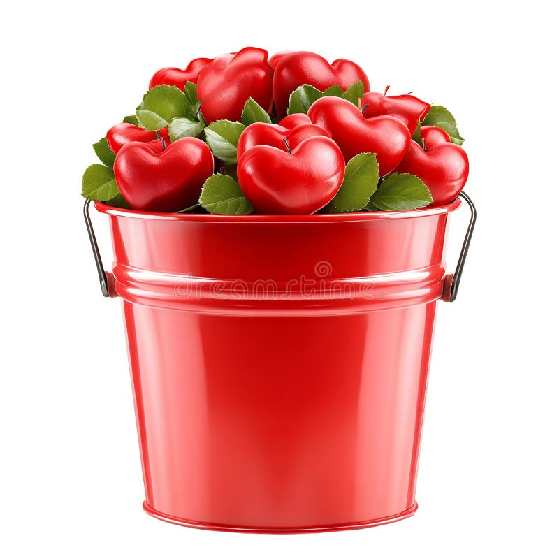 A Red Bucket Filled with Heart-shaped Objects and Green Leaves Stock ...