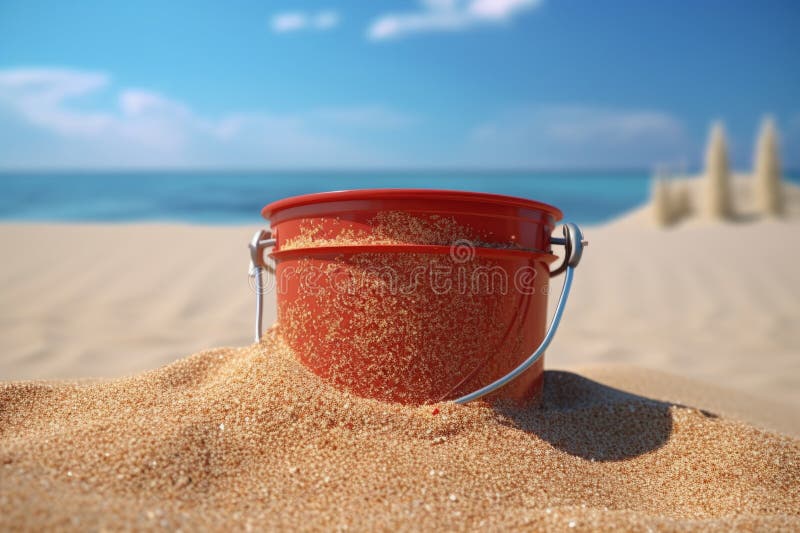 A Red Bucket Sitting on Top of a Sandy Beach. Perfect for Summer and ...