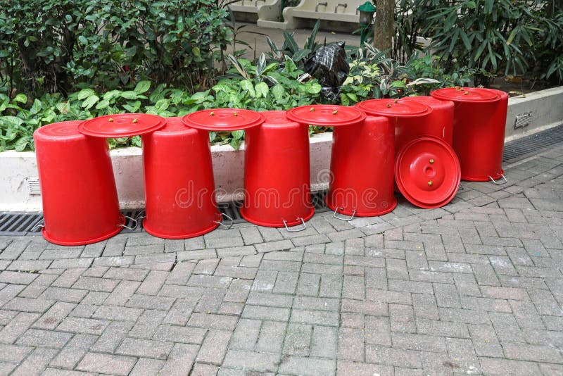 Red Buckets Bins stock image. Image of china, street - 165129899