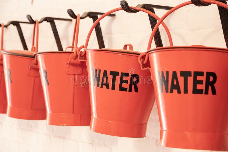 Red Firefighting Buckets on Sailing Ship Stock Image - Image of tall ...
