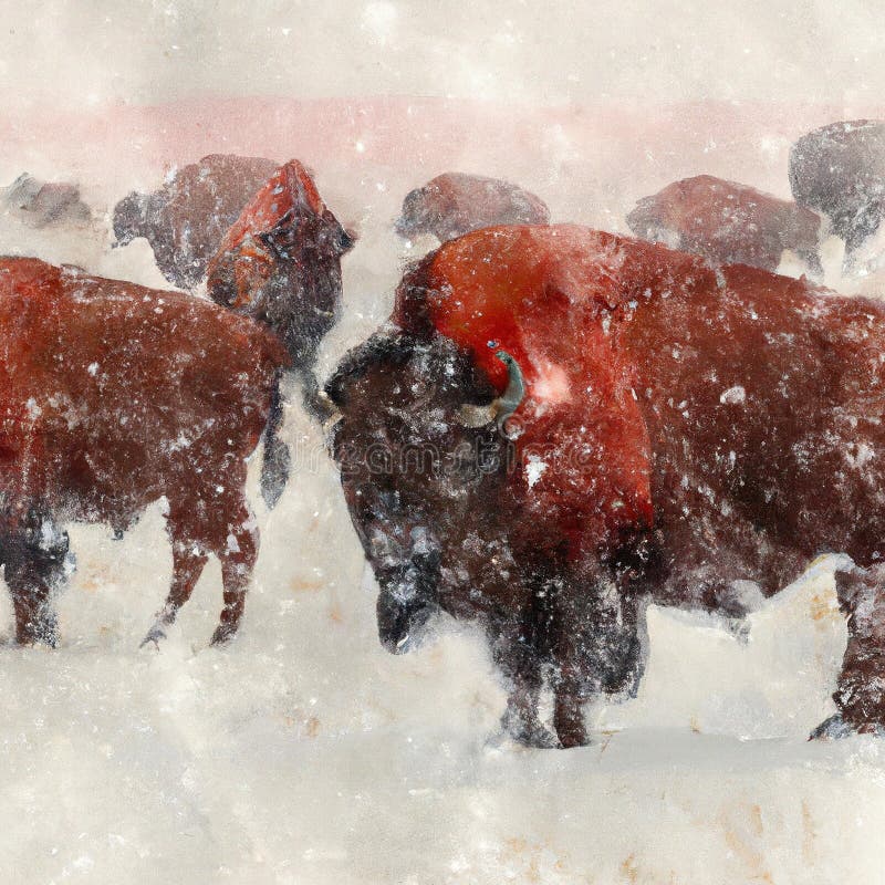 Red Buffalo Herd in Snowstorm Stock Photo - Image of abstract, blizzard ...