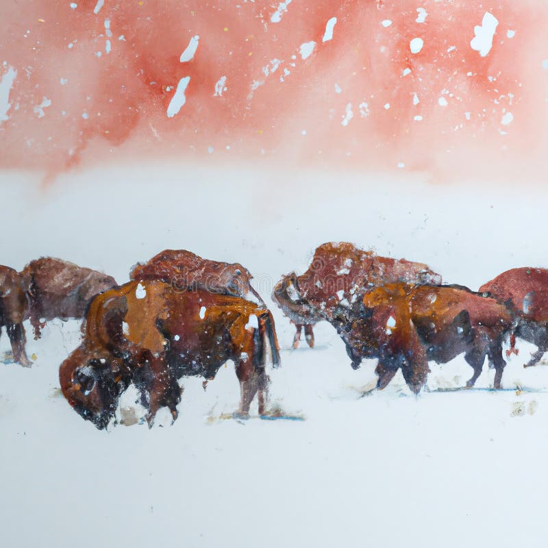 Red Buffalo Herd in Snowstorm Stock Photo - Image of snow, brown: 284750424