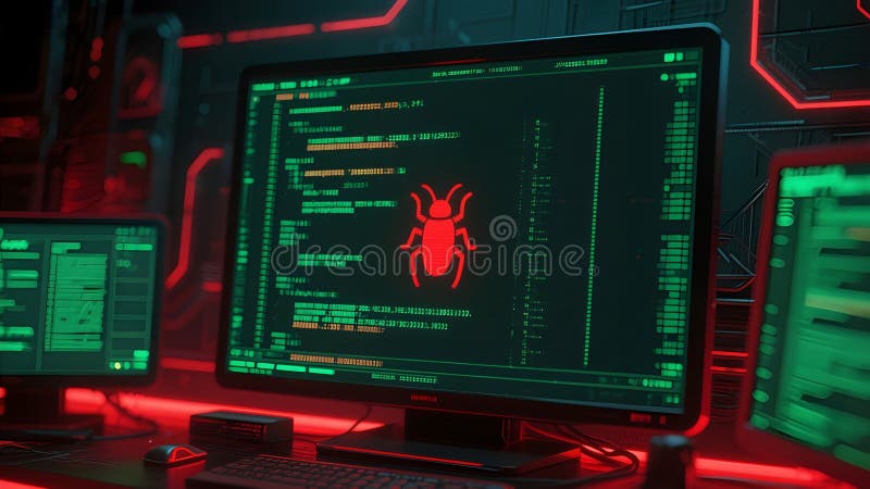 Red Bug Alert in a Dark Coding Interface Stock Illustration ...