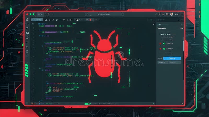 Red Bug Alert in a Dark Coding Interface Stock Illustration ...