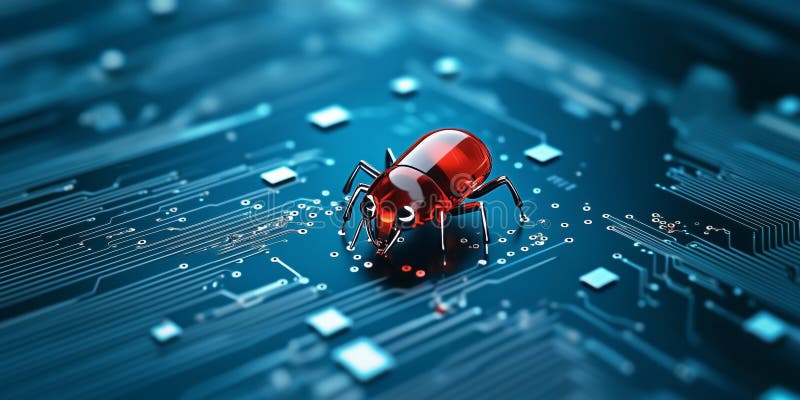 Red Bug on Circuit Board Highlighting Cybersecurity and Tech ...