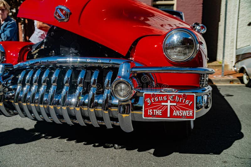 Red 1950 Buick Eight Special Sedan with Open Hood. Front View Editorial ...