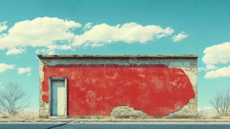Red Building with Broken Door Under Blue Sky in Urban Setting Stock ...