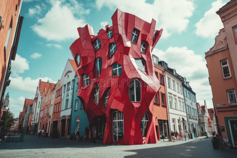 Red building with face stock photo. Image of urban, design - 377853956