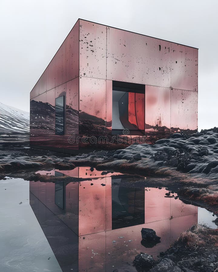 Red Building Reflected in Water, Creating a Striking Visual Arts ...