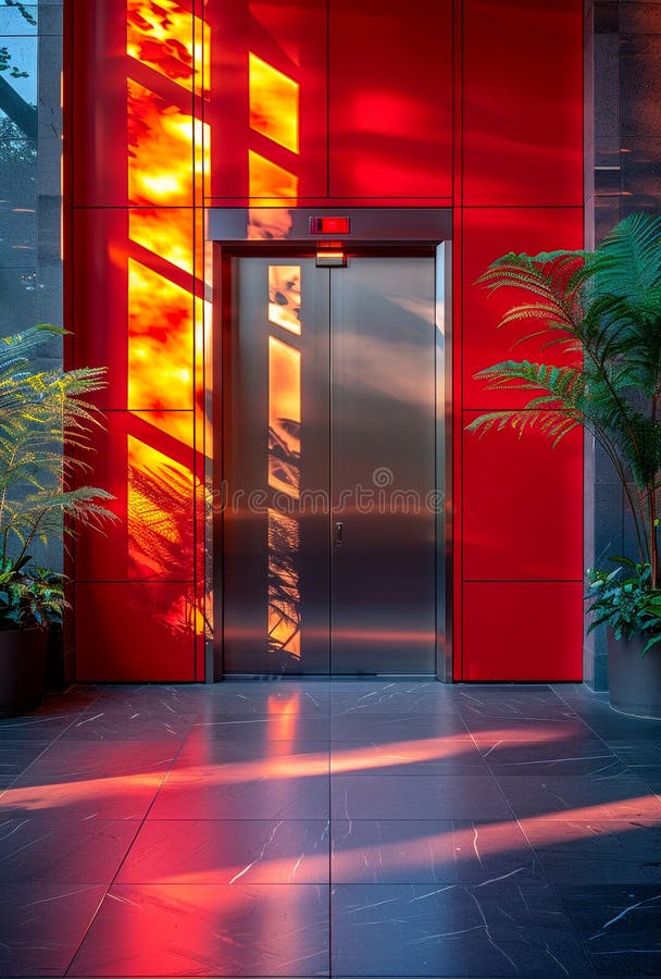 A Red Building with a Silver Elevator Door. the Door is Open and the ...