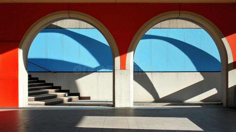 A Red Building with Two Arches and Blue Panels. Stock Photo - Image of ...