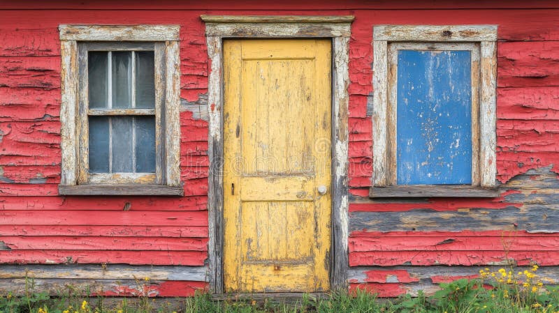 Red Building with Yellow Door and Blue Window Stock Illustration ...