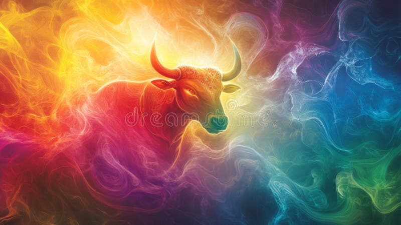 A Red Bull Emerging from a Rainbow of Swirling Smoke Stock Illustration ...