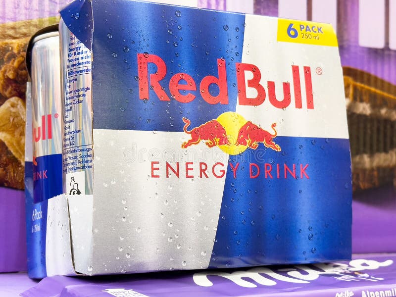 Red Bull Energy Drink 6-pack with Water Droplets on Blue and Silver ...