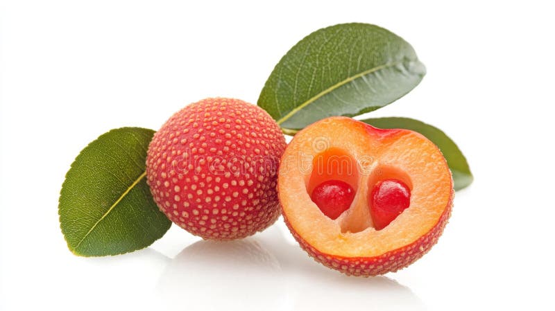 Red Bumpy Fruit with Leaves on White Background Generative AI Stock ...