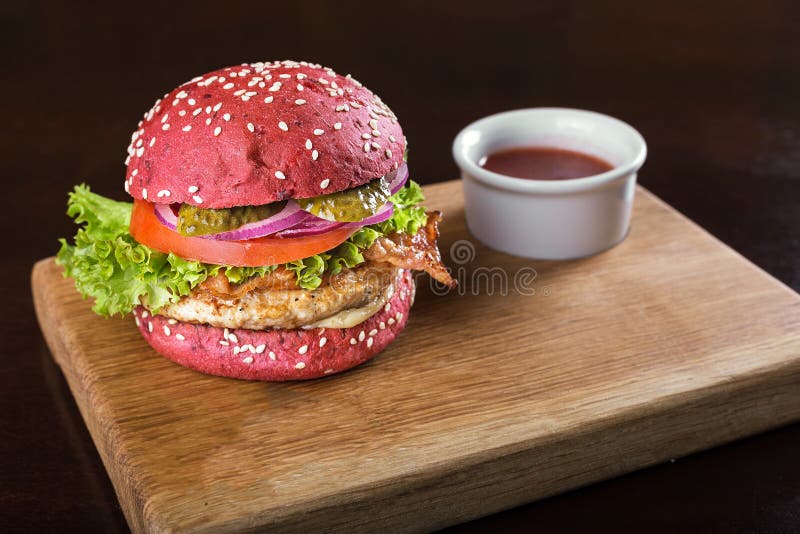 Red burger on the board stock photo. Image of closeup - 104205486