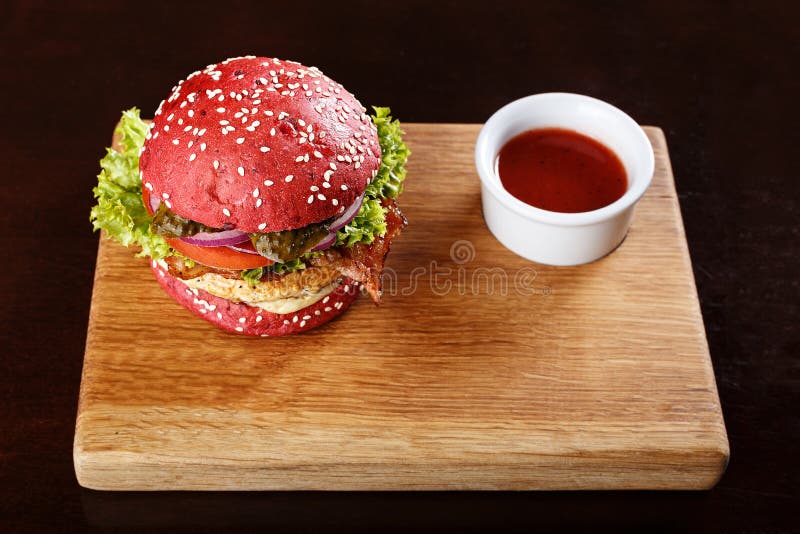 Red burger on the board stock image. Image of food, beef - 93338623