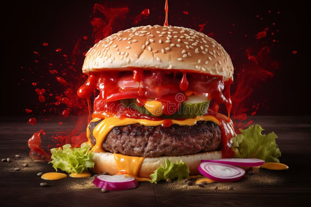 Red Burger Explosion, Generative AI Stock Illustration - Illustration ...
