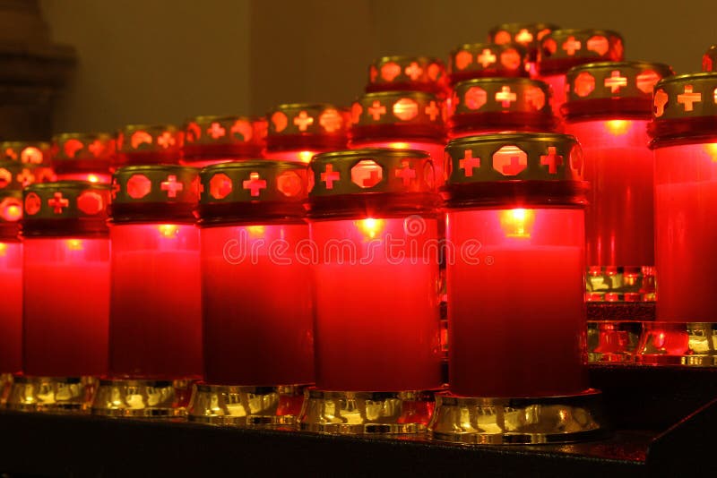 Red Burning Candles Inside a Church Stock Photo - Image of pray, night ...