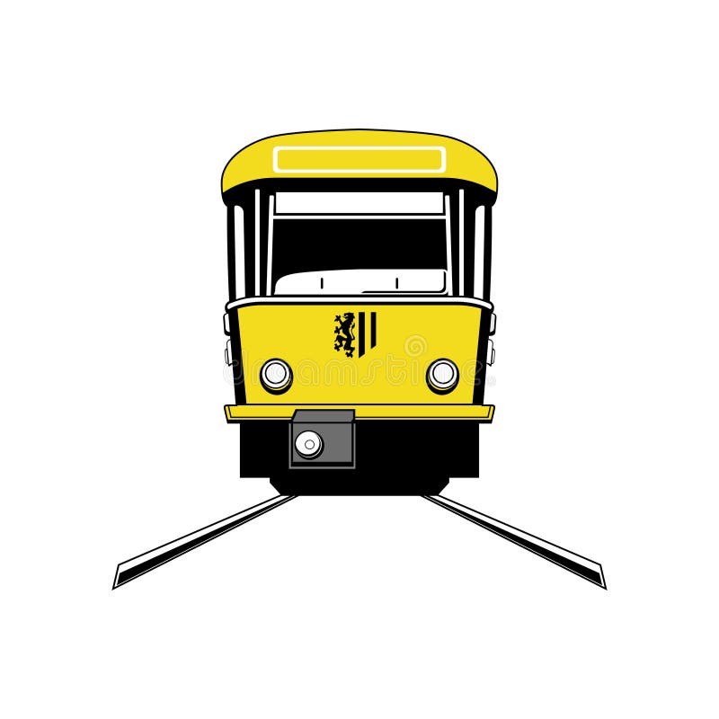Yellow Classic Tram or Streetcar Front View on Tracks Stock Vector ...
