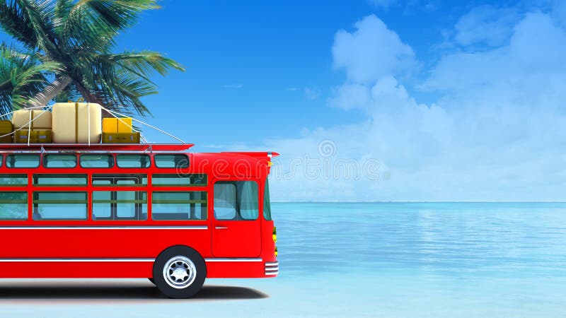 Red bus adventure on beach stock illustration. Illustration of ...