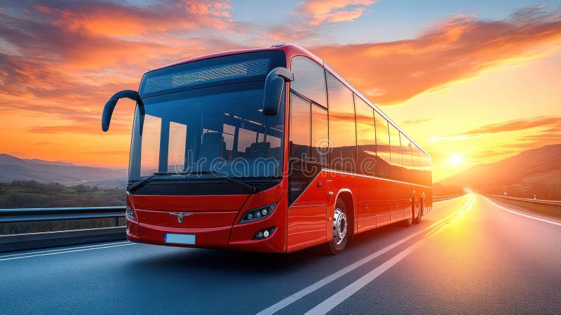 Red Bus on Highway at Sunset Stock Illustration - Illustration of trip ...