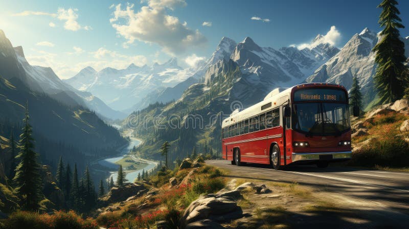 Red Bus Navigating Winding Road through Scenic Mountain Valley. Stock ... Red Bus Navigating Winding Road through Scenic Mountain Valley. Stock ...