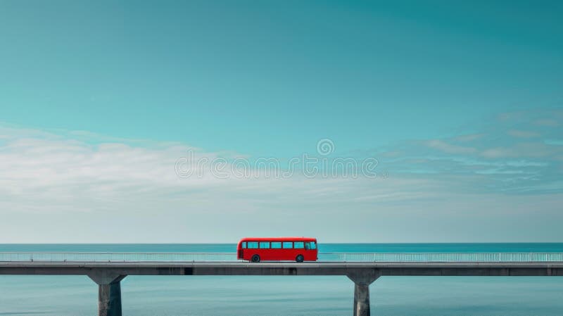 A Red Bus is Parked on the Side of a Road Next To the Ocean Stock ...