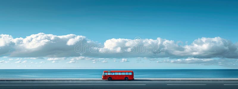 A Red Bus is Parked on the Side of a Road Next To the Ocean Stock Image ...
