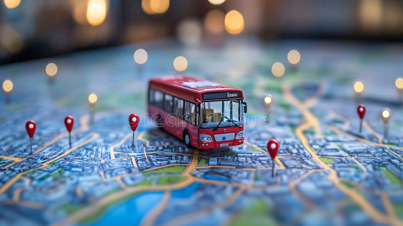 Red Bus with Pins and Mapped Route Travel Concept Stock Illustration ...