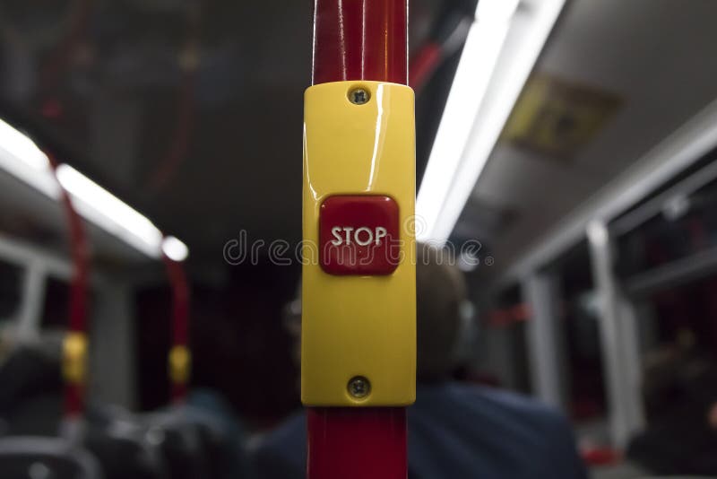 Red bus stop button stock image. Image of closeup, inside - 110460195