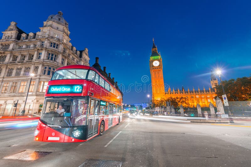 Red Bus on Westminster Bridge at Night, London Editorial Photography ...